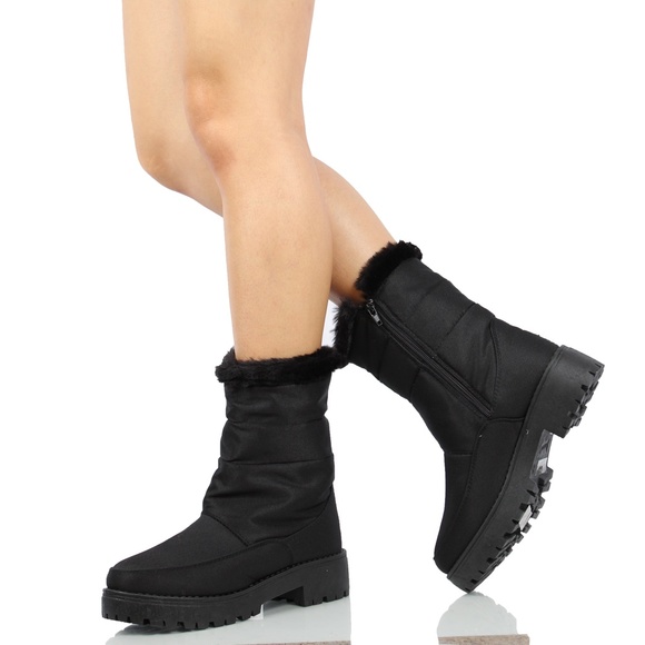 BAMBOO | Shoes | Black Puffer Nylon Fabric Mid Calf Winter Boot | Poshmark